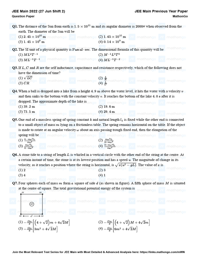 JEE Main 2022 (27 Jun Shift 2) Previous Year Paper With Answer Keys ...