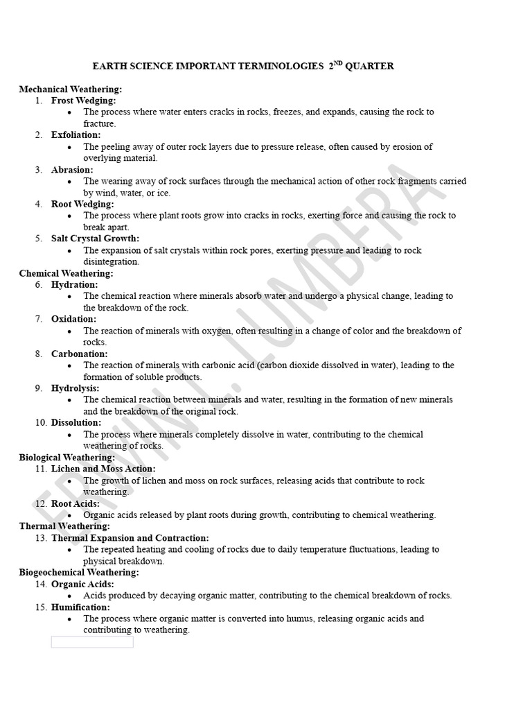 Earth Science Important Terminologies 2ND Quarter | PDF | Weathering ...