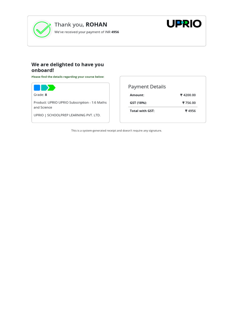 Grade 8 Course Payment Receipt | PDF