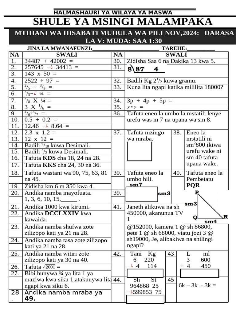 Shule Ya Msingi Malampaka: Mtihani Wa Hisabati Muhula Wa Pili Nov, 2024: Darasa La V: Muda: Saa ...