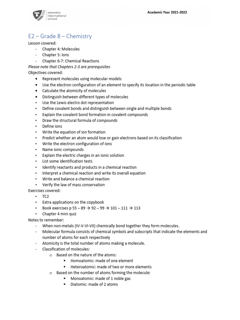 E2 Chemistry G8 Study Guide Pdf Ion Chemistry