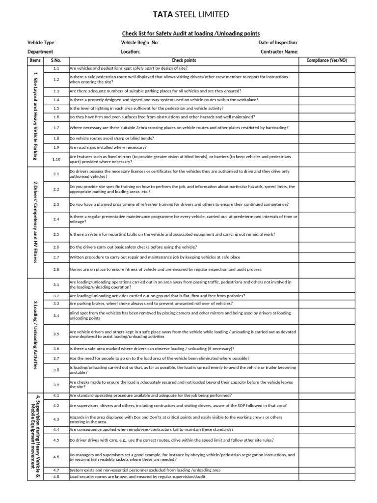 Check List - Loading & Unloading | PDF | Vehicles | Speed Limit