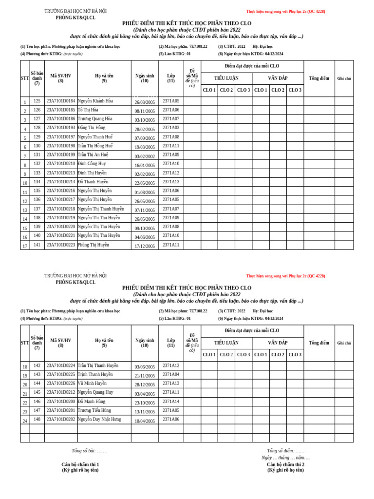 P6 - PHIẾU ĐIỂM THI KTHP THEO CLO | PDF