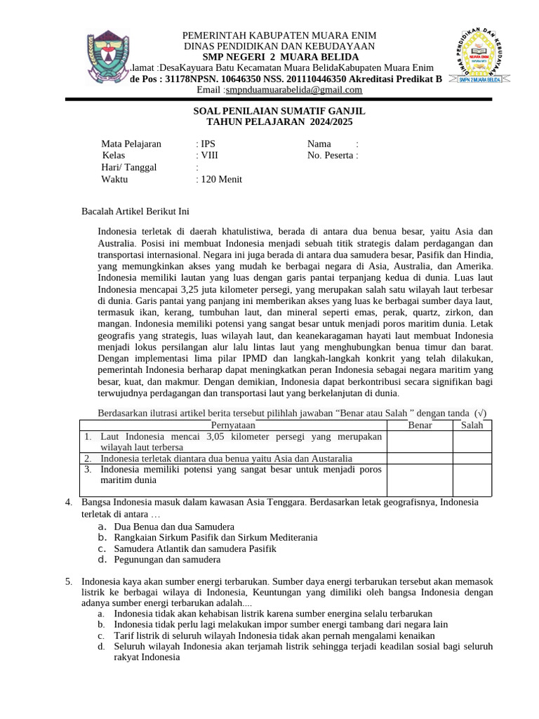 Soal PAS Ganjil Kelas 8 | PDF