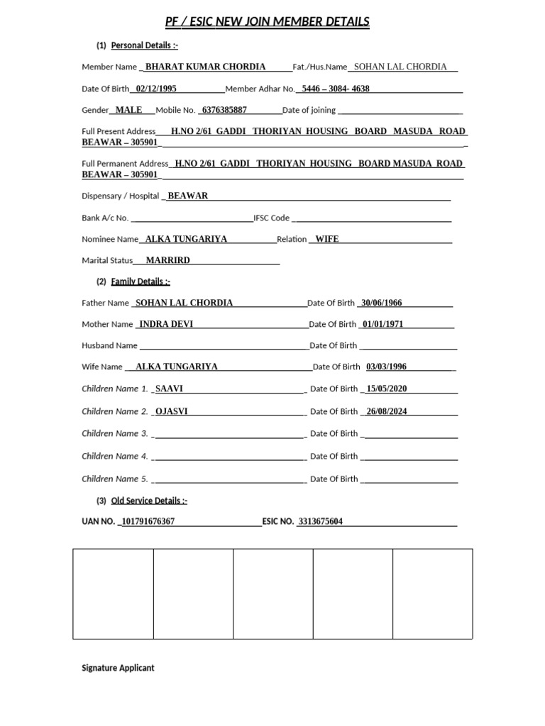 PF Esic New Join Form | PDF
