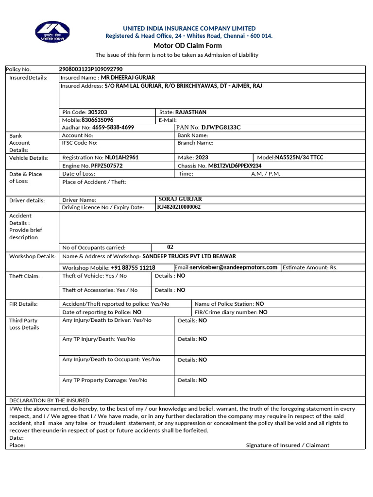 Motor OD Claim Form - United India Insurance | PDF | Common Law | Vehicles
