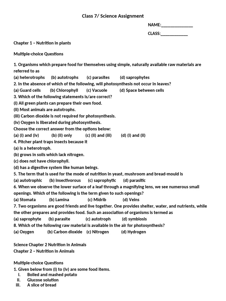 Class 7 science hhw assignment | PDF | Digestion | Leaf