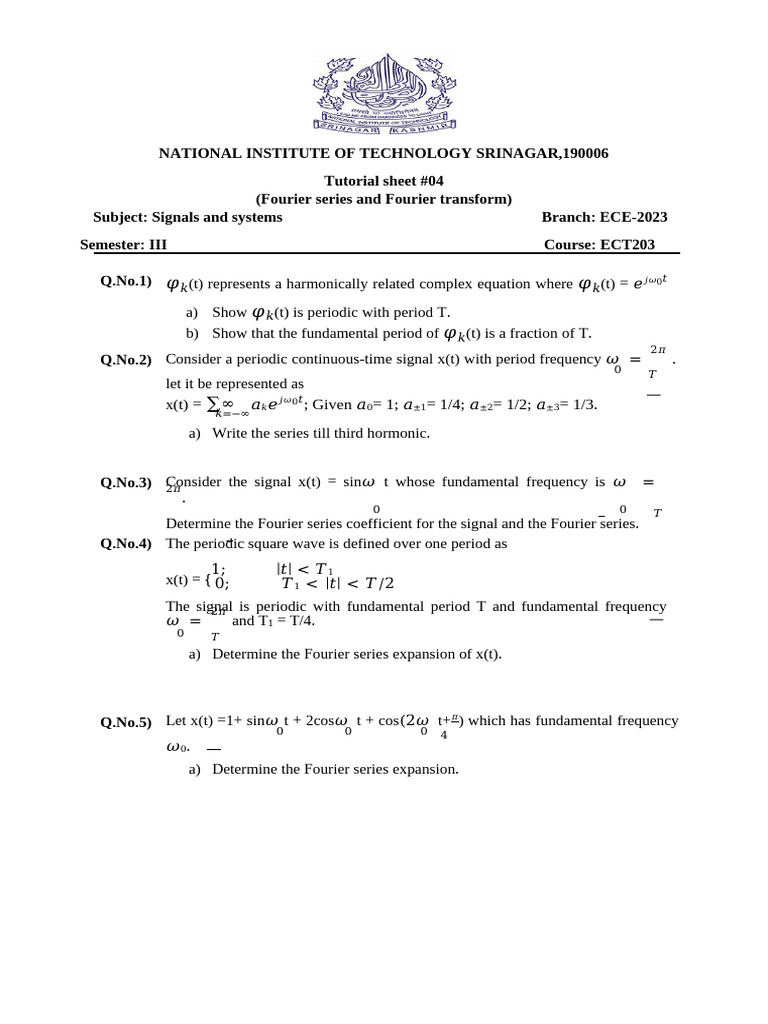 Fourier Series & Transform Exercises | PDF | Fourier Transform ...