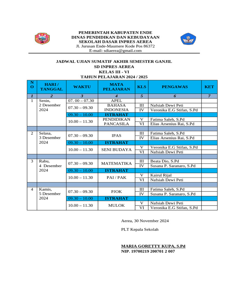 JADWAL UJIAN SUMATIF AKHIR SEMESTER GANJIL | PDF