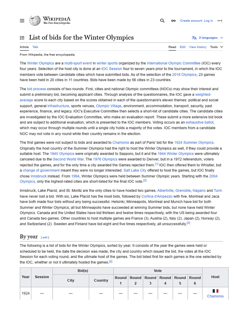 En-wikipedia-Org-List of Bids for the Winter Olympics | PDF | Winter Olympic Games | Wikipedia