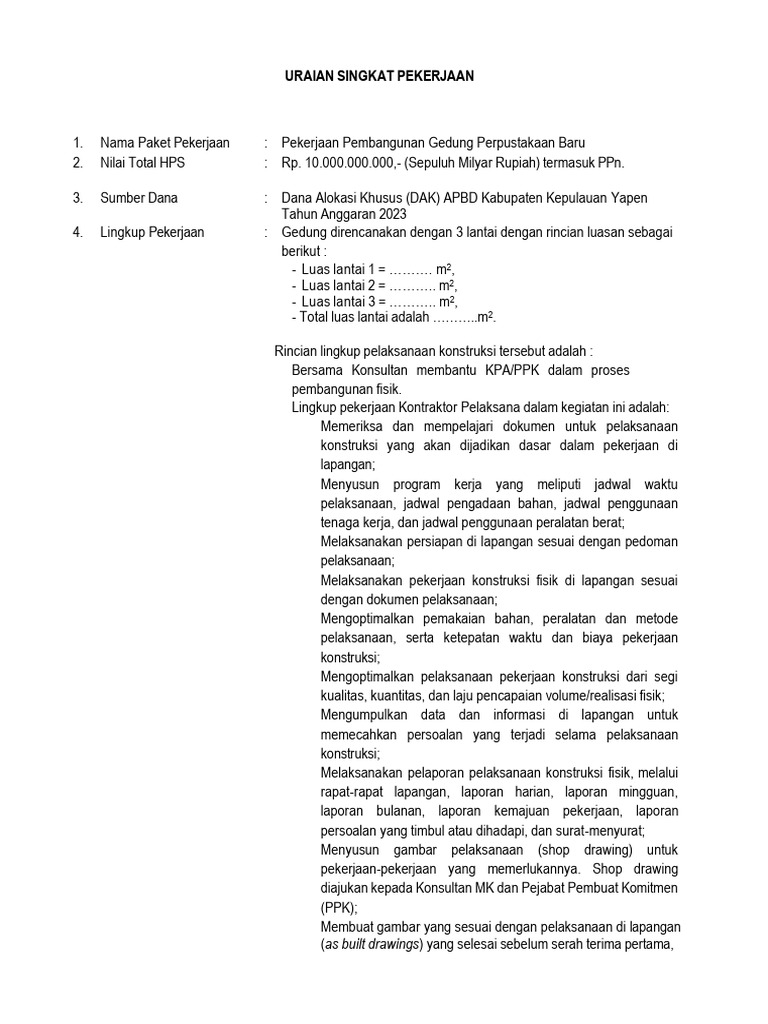 Uraian Singkat Pekerjaan | PDF