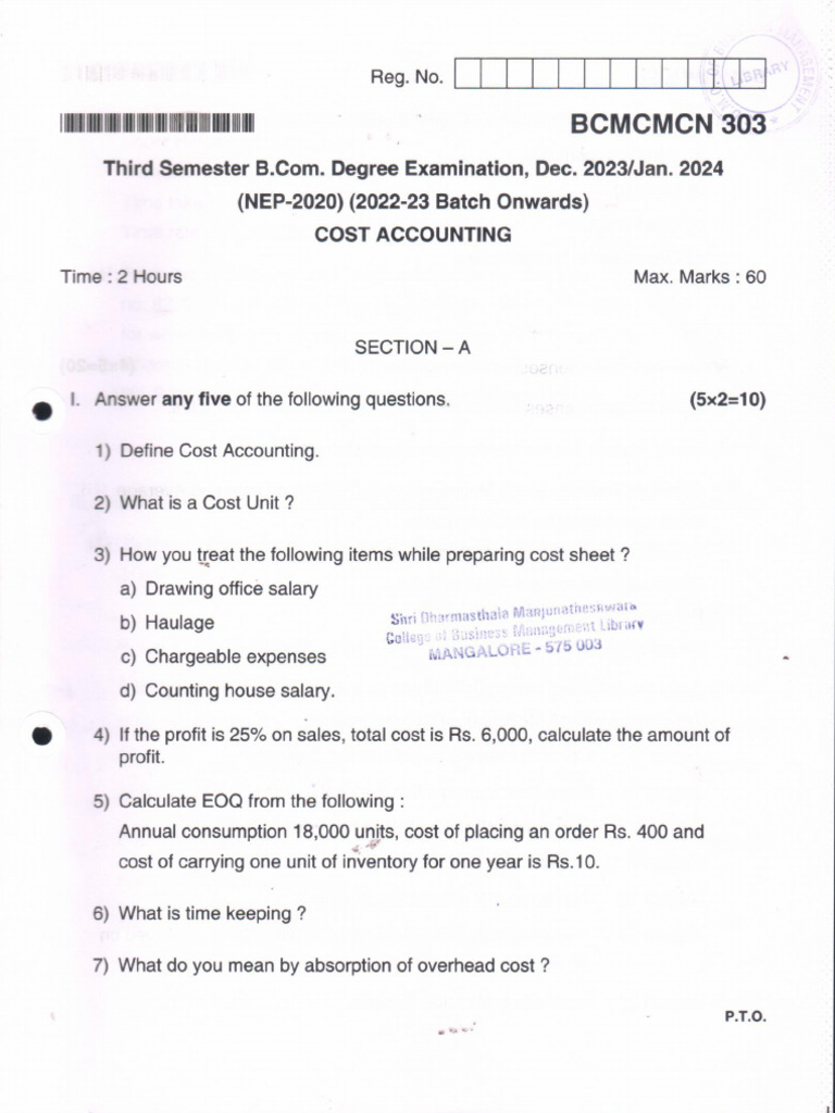 BCOM III Semester Cost Accounting NEP Jan 2024 | PDF