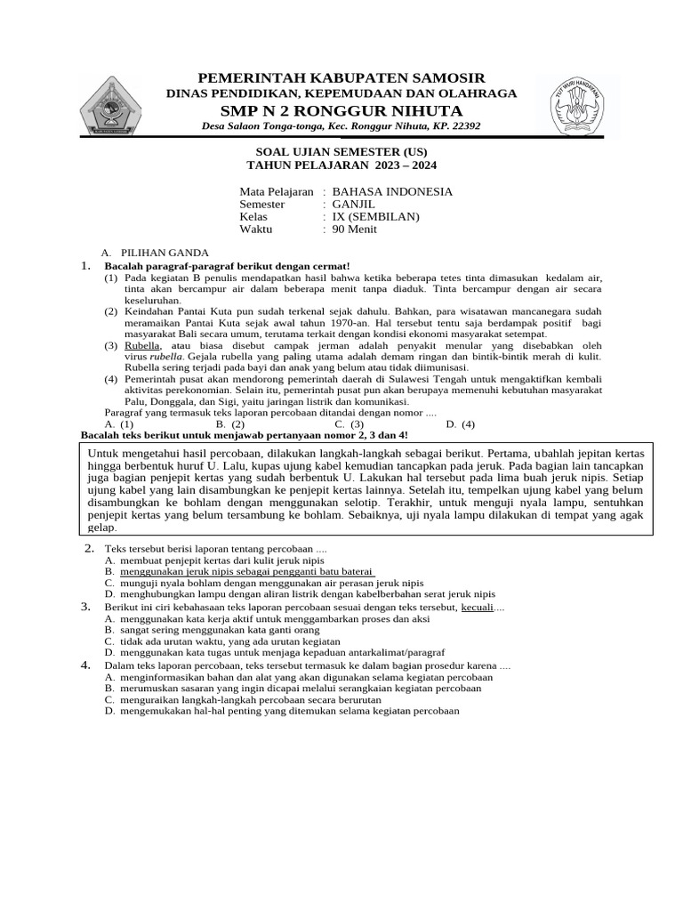 Soal Ujian Senester b.indo Kelas Ix | PDF