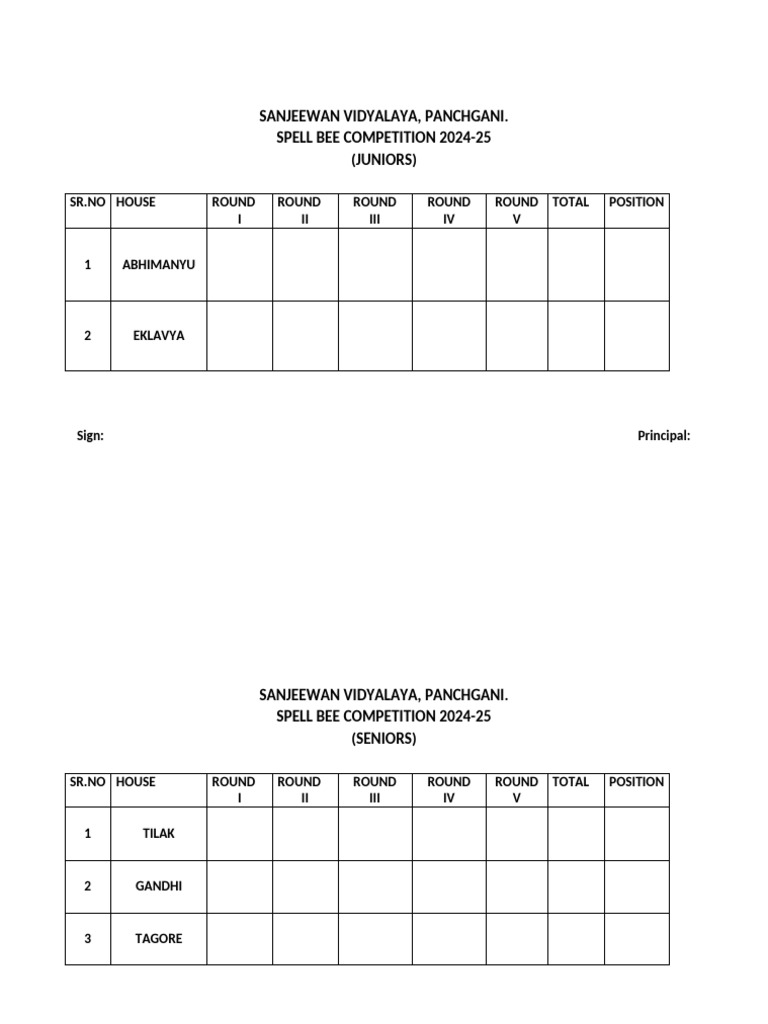 Score Sheet Spell Bee | PDF