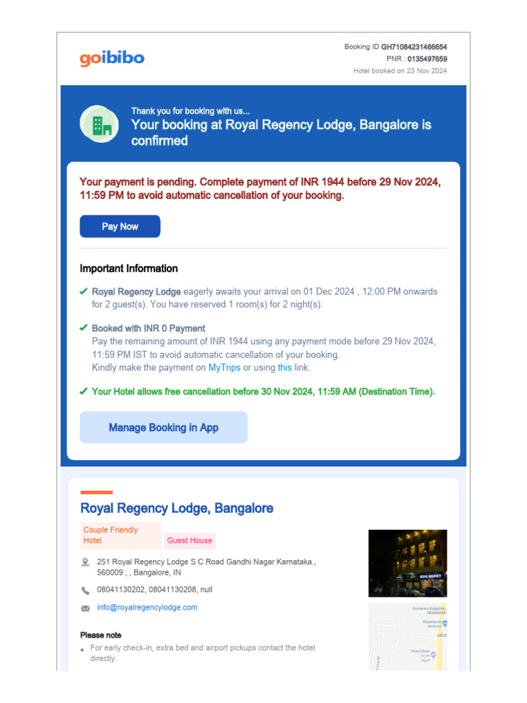 Royal Regency Lodge Booking Confirmation | PDF | Fee