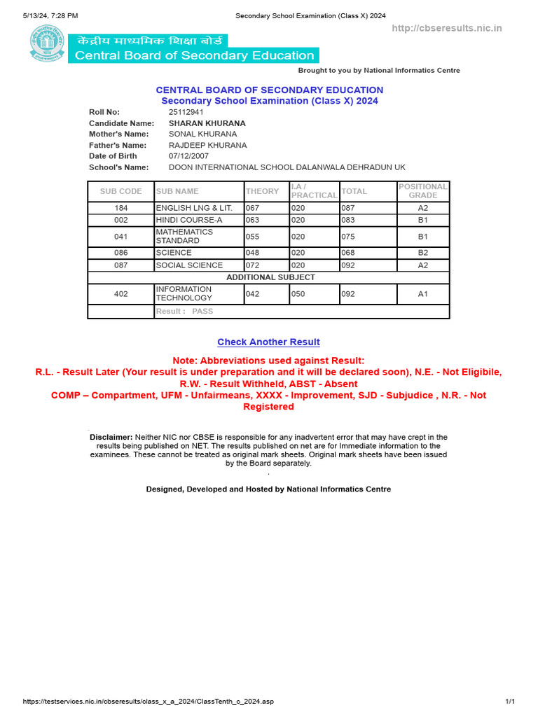 Secondary School Examination (Class X) 2024 | PDF | Educational Stages ...