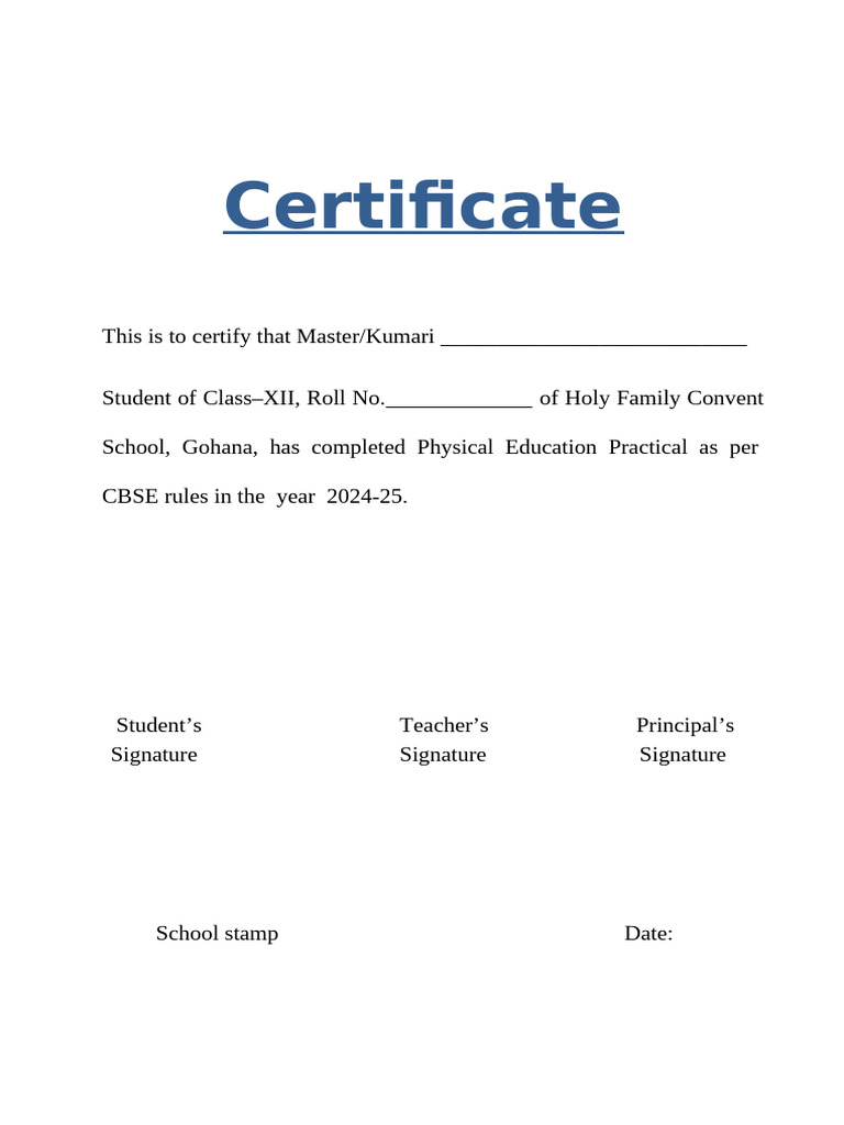 Certificate Physical Education | PDF