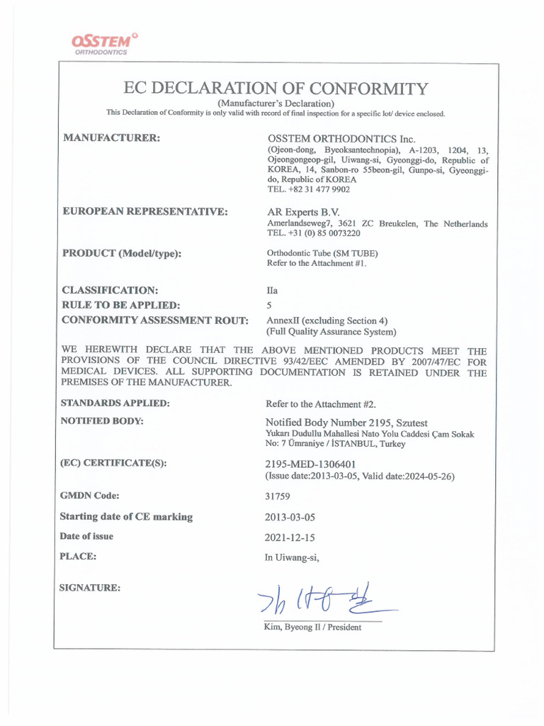 Declaration of Conformity - SM TUBE - 221215 F | PDF | Medical Device