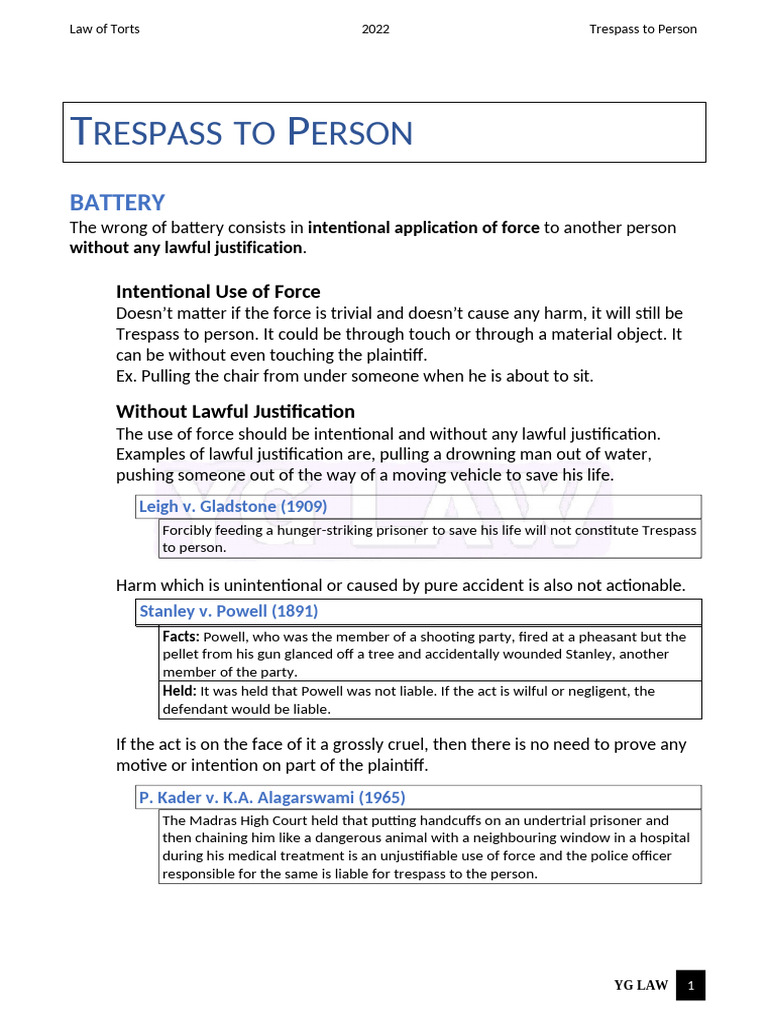 Understanding Trespass to Person in Law | PDF | Trespass | Private Law