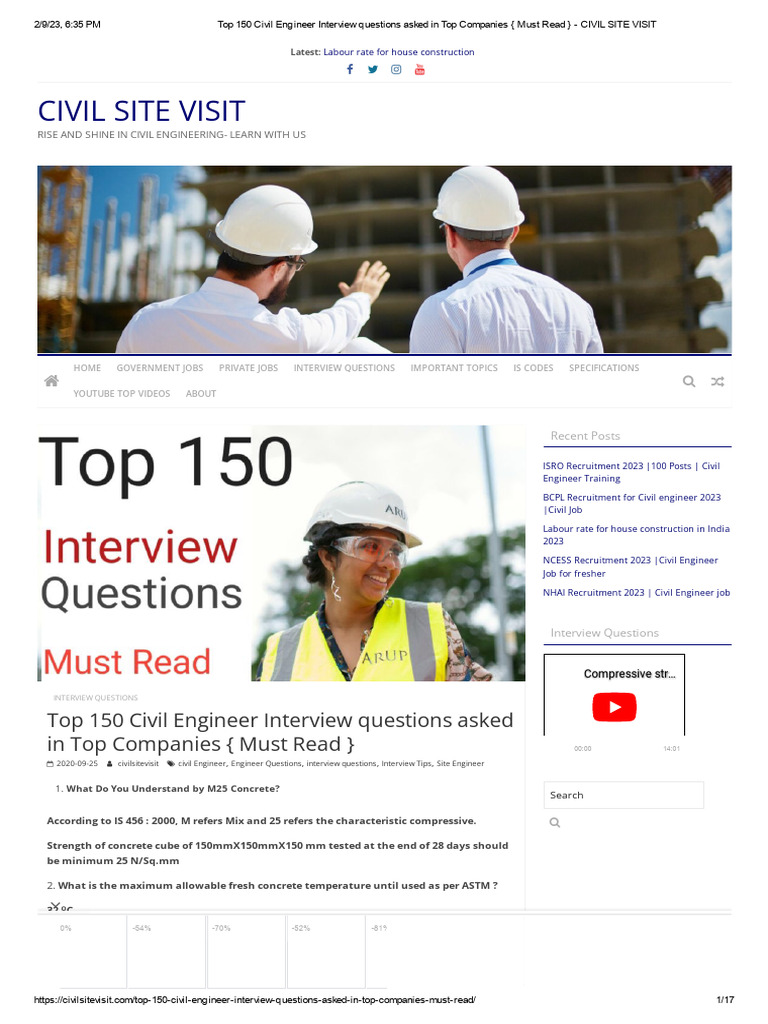 Top 150 Civil Engineer Interview Questions Asked in Top Companies (Must ...