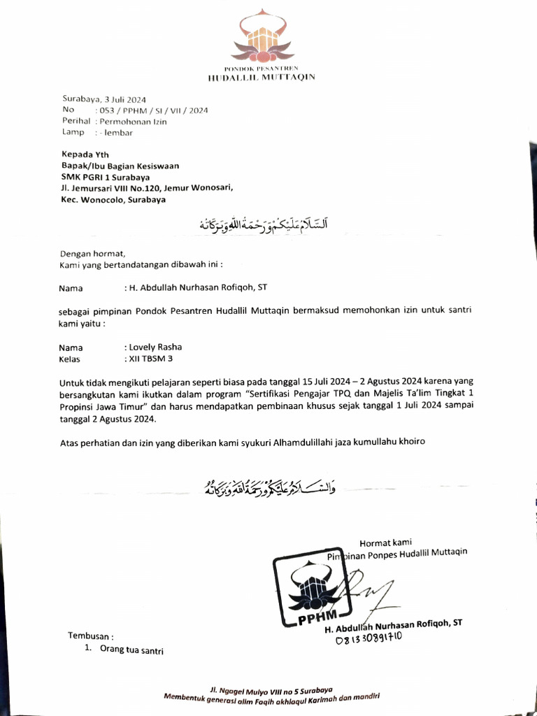 Permohonan Izin Santri SMK PGRI 1 | PDF