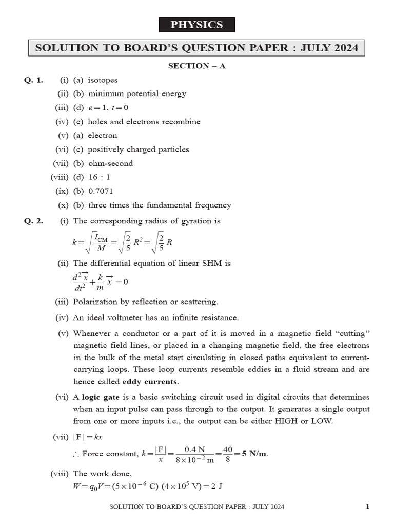 Solution To Board'S Question Paper: July 2024: Physics | PDF ...