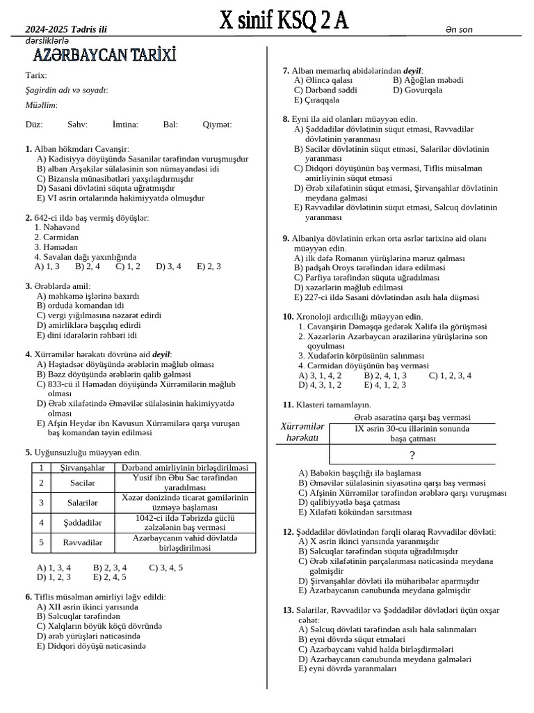 X sinif Az. tarixi ksq 2 A hazır + | PDF