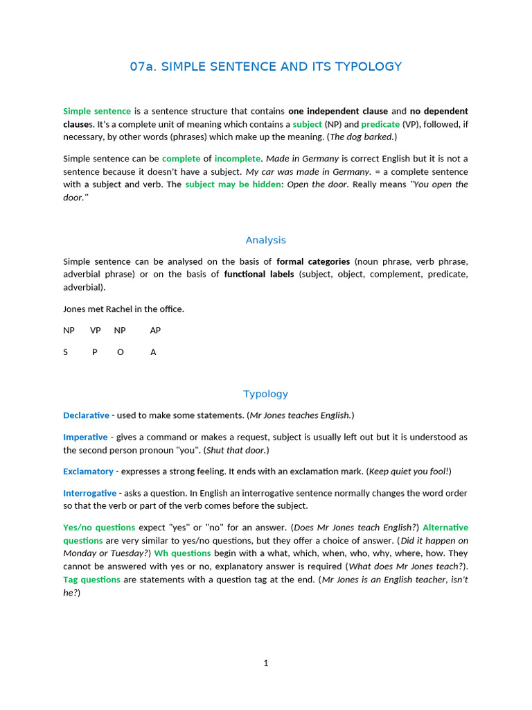 07a. Simple Sentence and Its Typology | PDF