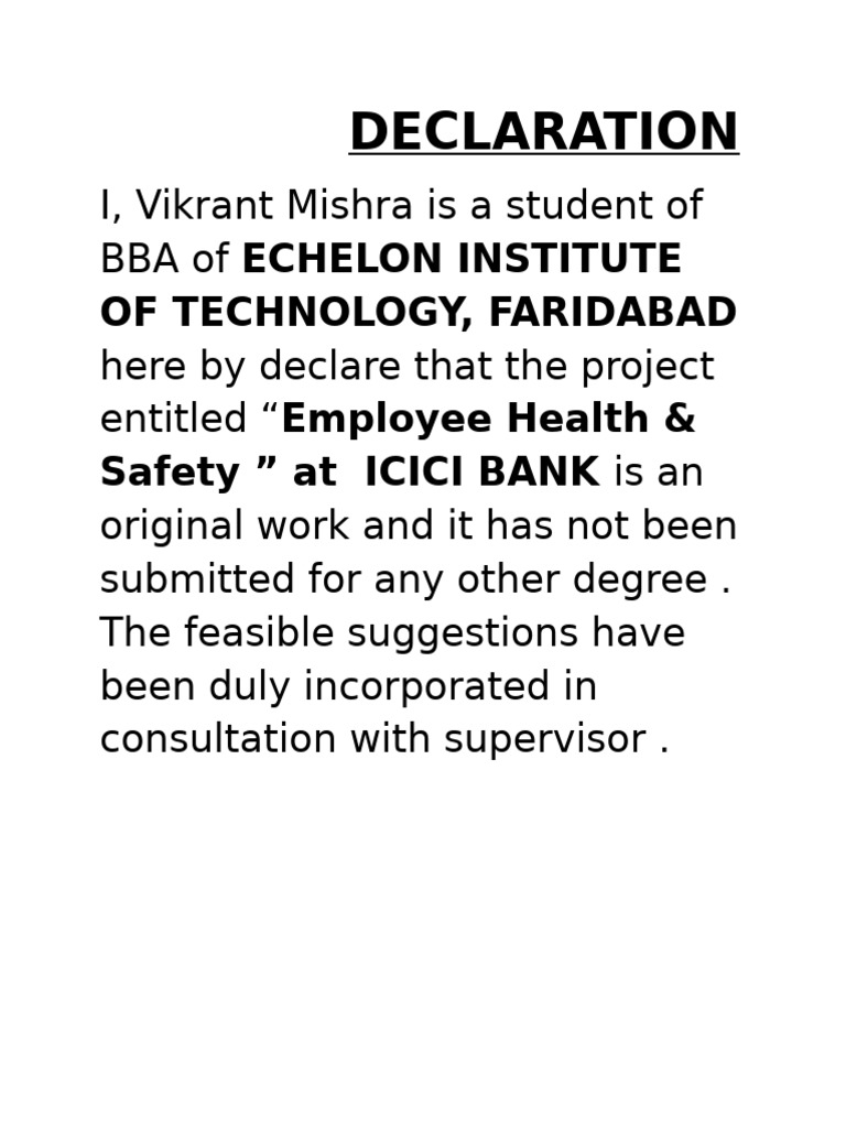 Declaration: Echelon Institute of Technology, Faridabad Employee Health ...