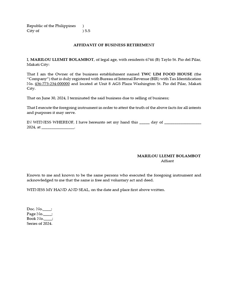 Affidavit of Business Closure For BIR | PDF
