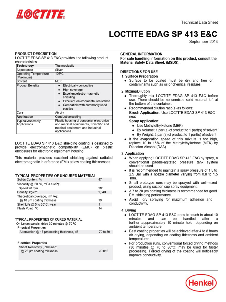 LOCTITE EDAG SP 413 E&C Data Sheet | PDF | Electrical Resistivity And ...