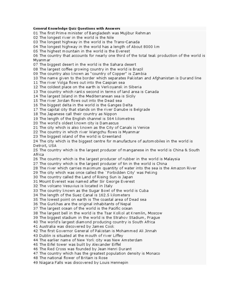 General Knowledge Quiz Questions With Answers | PDF | Sea | Earth
