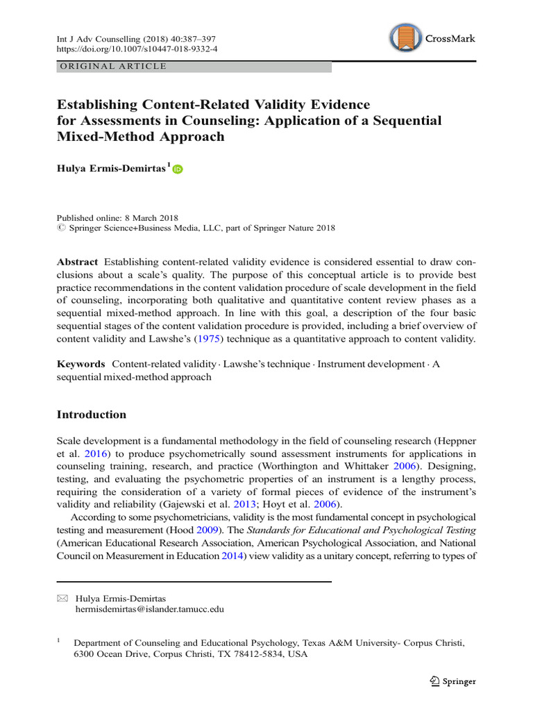 Establishing Content-Related Validity Evidence For Assessments in Counseling Application of A ...