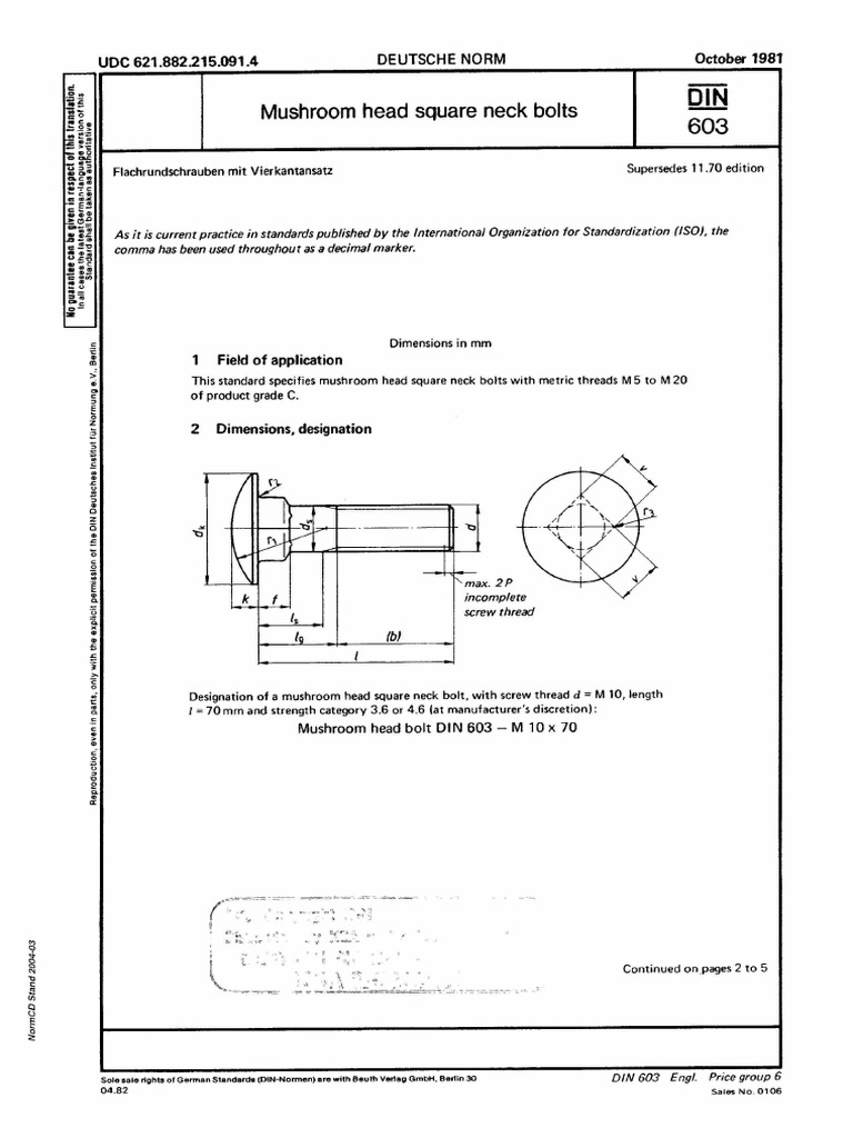 DIN-603-Mushroom Head Square Neck Bolt | PDF