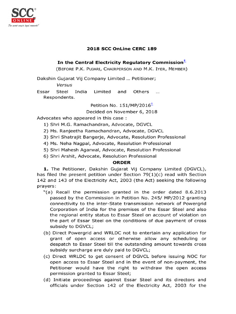 Dakshin Gujarat Vij Co. Ltd v Essar Steel India Ltd 2018 SCC OnLine CERC 189 | PDF