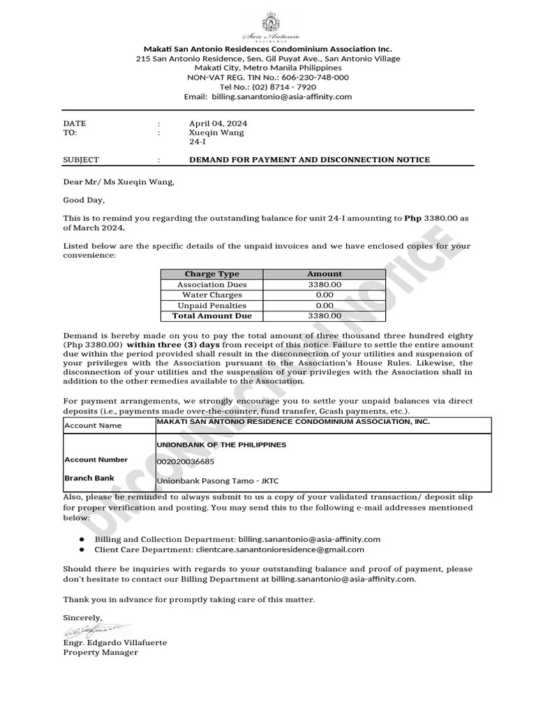 Payment Demand Notice for Unit 24-I | PDF
