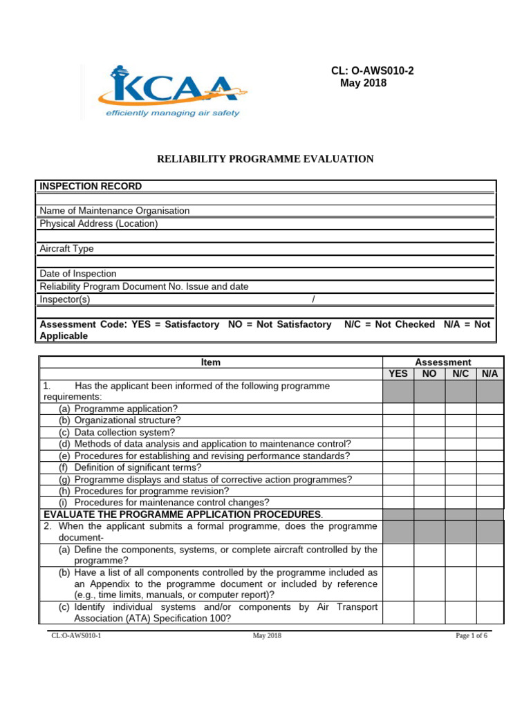 CL_O-AWS010-1 Reliability Program Evaluation Checklist | PDF | Reliability Engineering