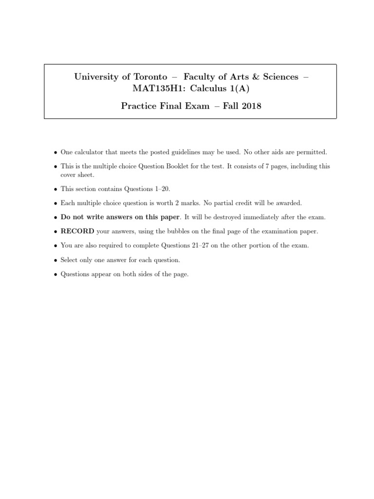 Sample Final Exam 135 Fall2018 Question Sheet | PDF | Function (Mathematics) | Multiple Choice