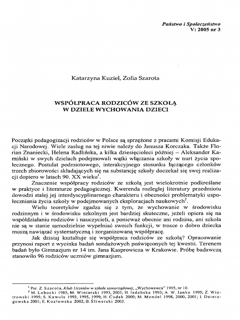 KUZIEL Wspolpraca Rodzicow Ze Szkola 2005 | PDF