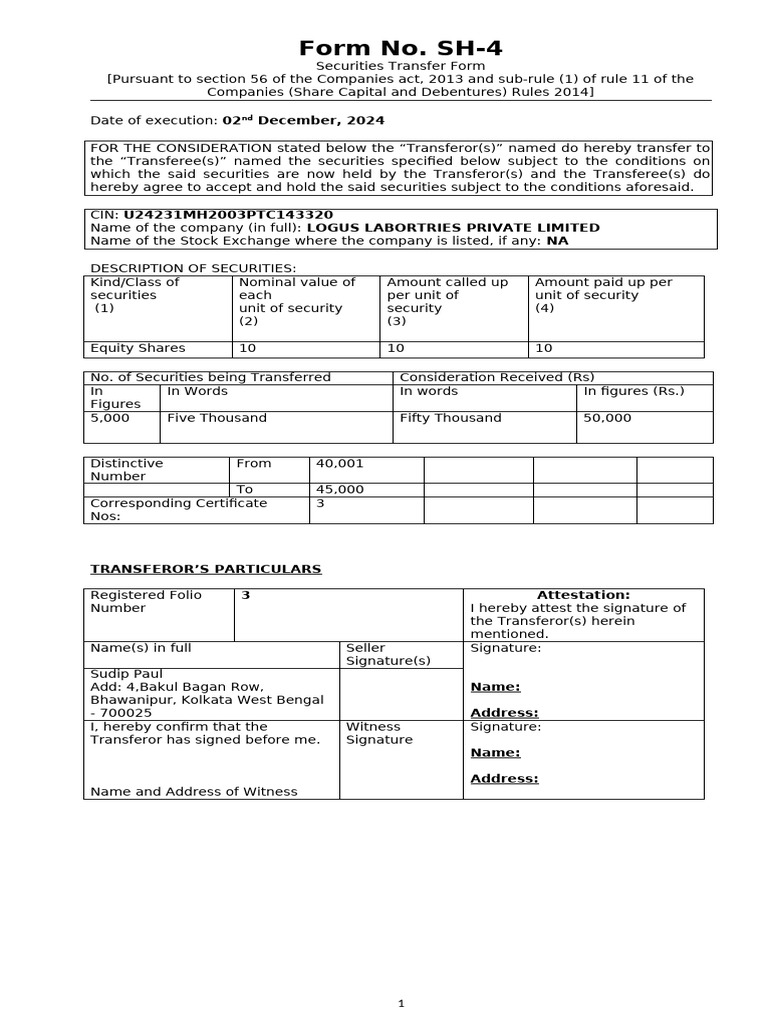 Securities Transfer Form SH-4 Template | PDF | Securities (Finance) | Market (Economics)