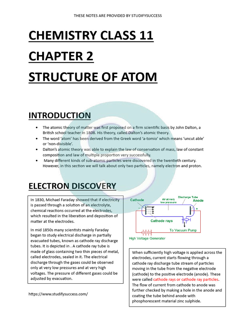 Class 11 Chemistry Ch-2 Notes | PDF | Electron | Atoms