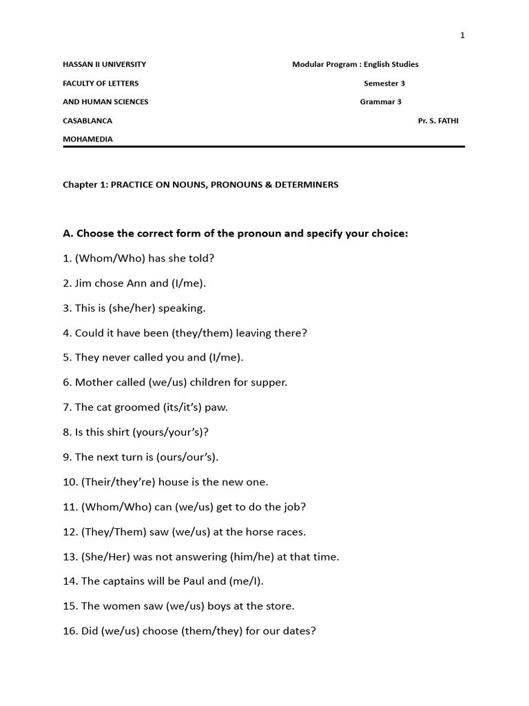 1 Practice On Nouns - Pronouns - Determiners | PDF | Pronoun ...