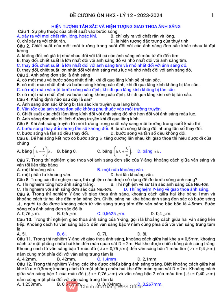 ĐỀ CƯƠNG LÝ 12 HK2-2024 | PDF