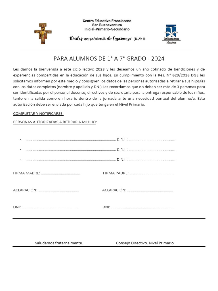 Nota Personas Autorizadas A Retirar A Alumnos 2024 | PDF