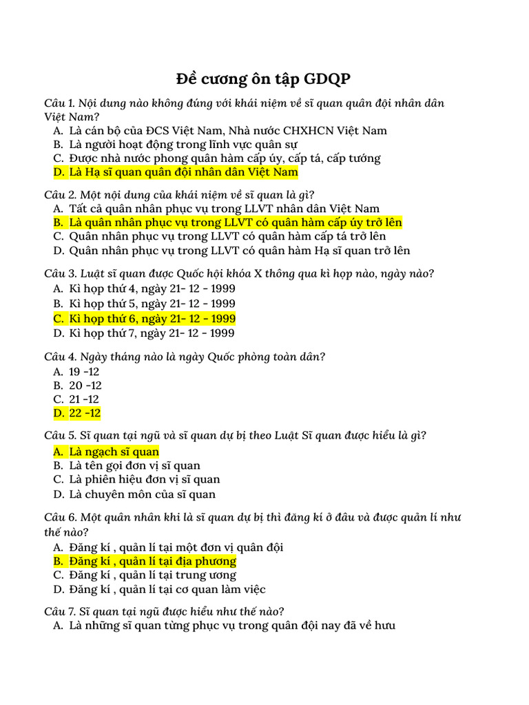 (12CS) Đề cương ôn tập giữa kì II GDQP | PDF