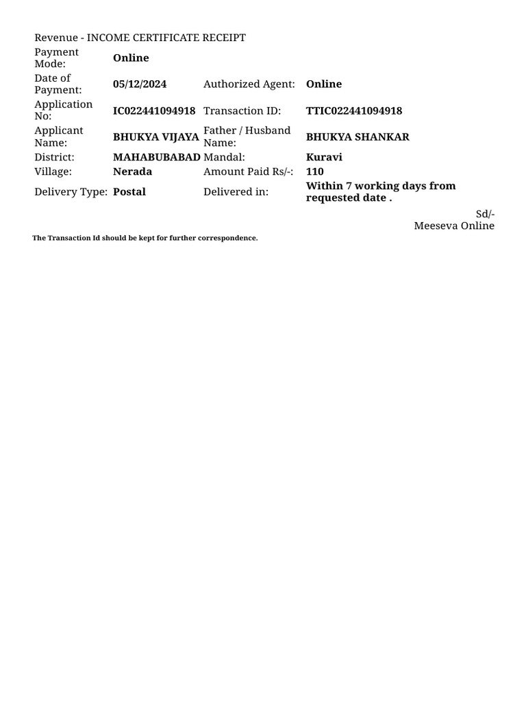 Income Certificate Payment Receipt | PDF
