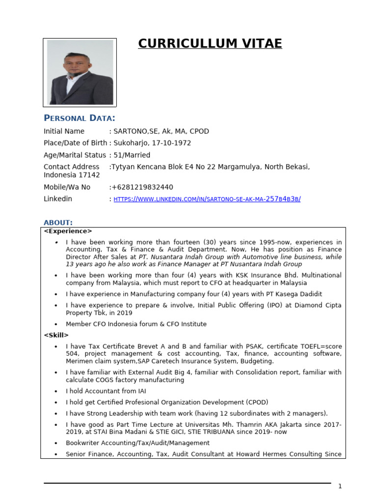 Sartono,SE, Ak, MA,CPOD . General Manager Marketing Resume | PDF ...