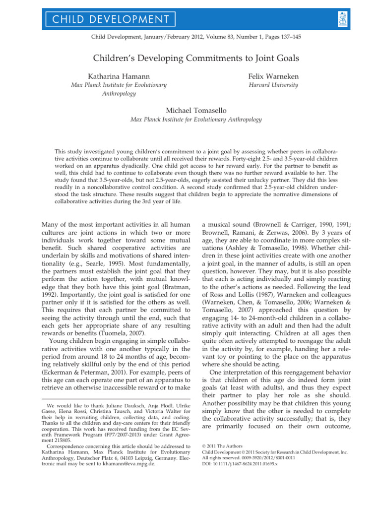 Hamann2011 - Children S Developing Commitments To Joint Goals | PDF | Michael Tomasello | Experiment