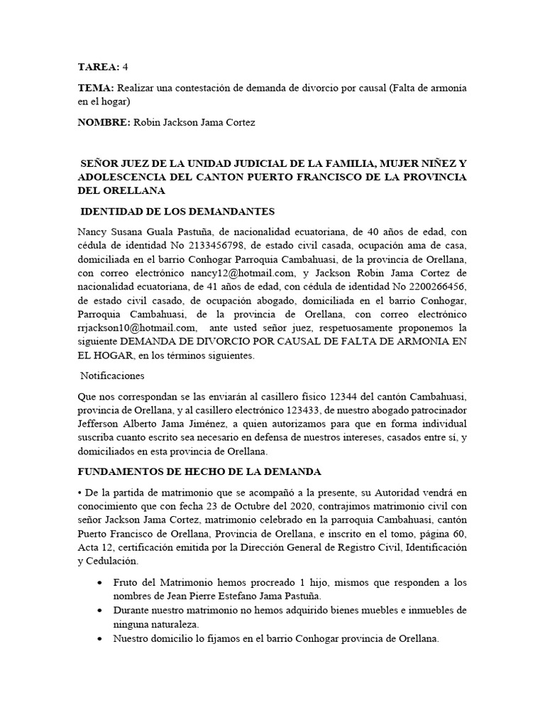 Tarea 4 Contestacion de Demanda de Divorcio Por Causal (Falta de ...