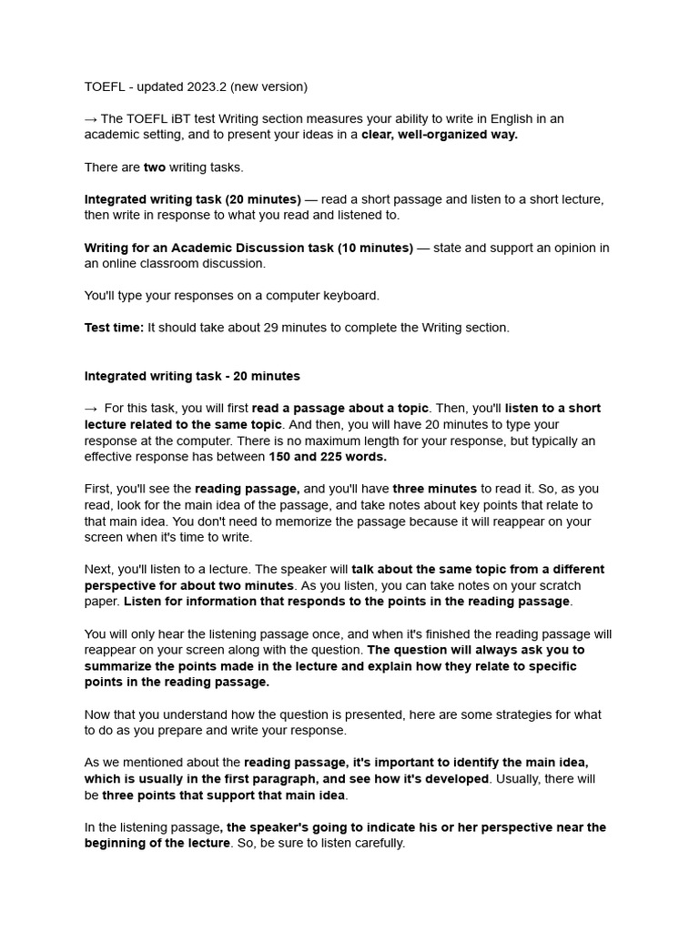 TOEFL iBT Writing Section Guide 2023 | PDF | Test Of English As A ...